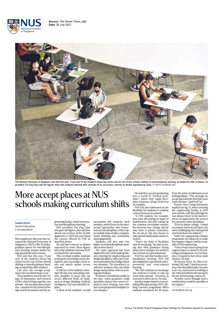 More accept places at NUS schools making curriculum shifts - NUS ...